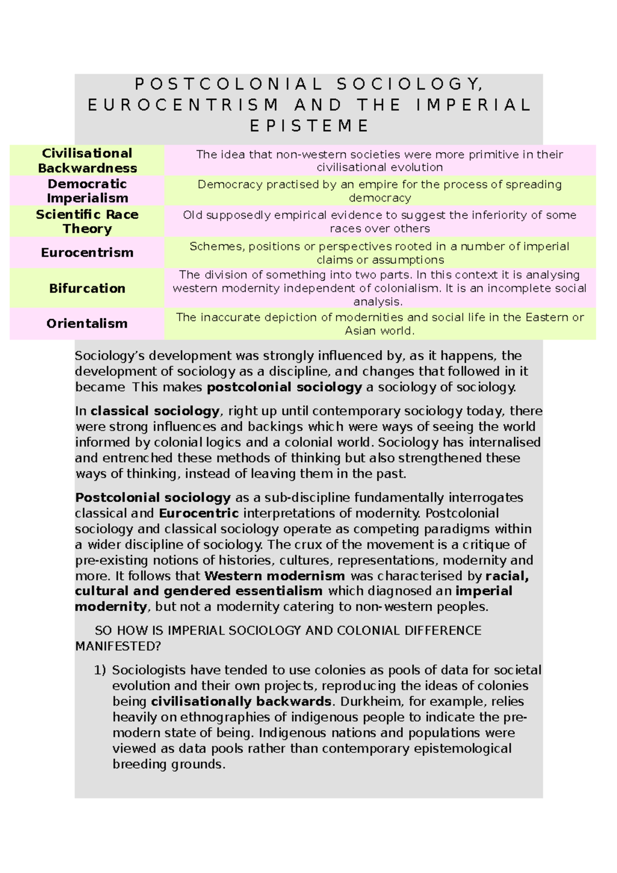 Postcolonial Sociology Revision Document - P O S T C O L O N I A L S O ...