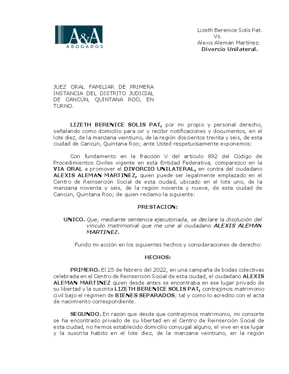 Divorcio Unilateral - Lizeth Solis PAT - Lizeth Berenice Solís Pat. Vs ...