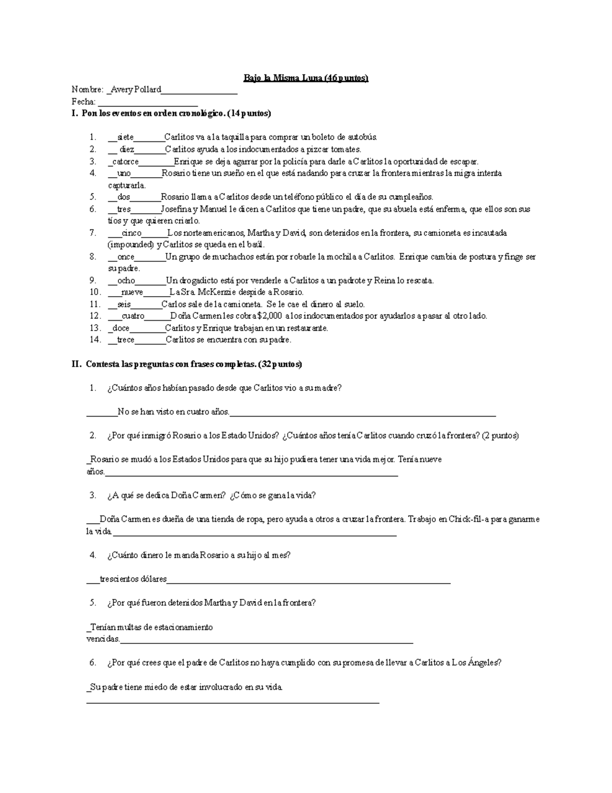 Bajo la Misma Luna (46 puntos) - Bajo la Misma Luna (46 puntos) Nombre ...