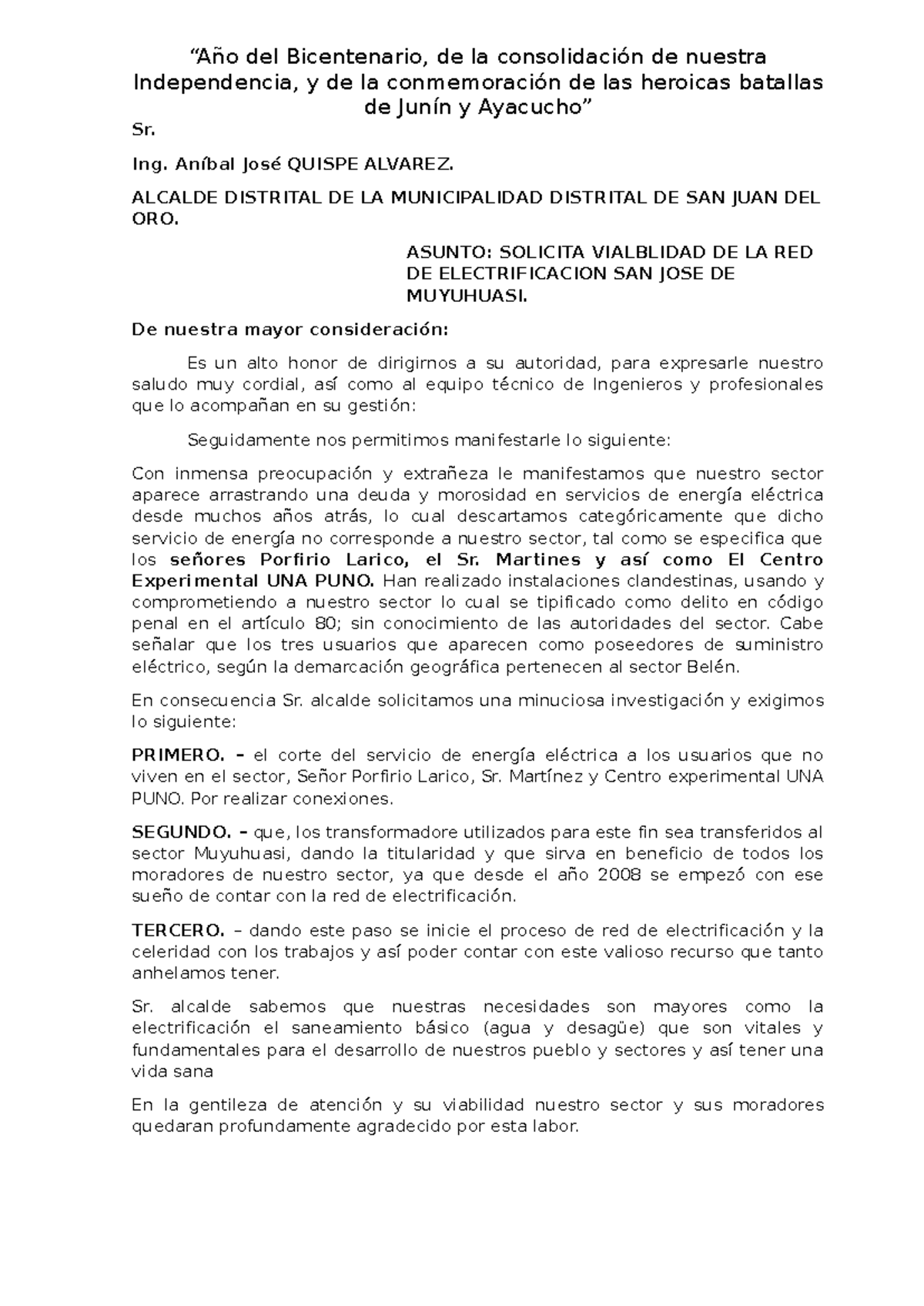 Solicitud de viabilidad - “Año del Bicentenario, de la consolidación de ...