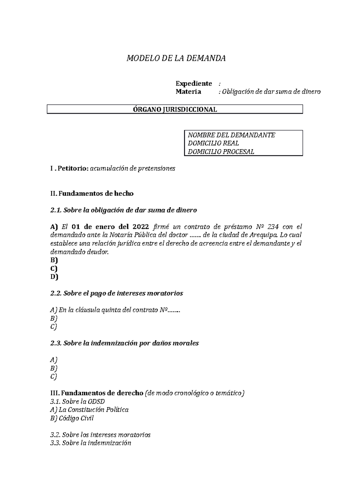 Modelo de escritos procesales - MODELO DE LA DEMANDA ÓRGANO ...