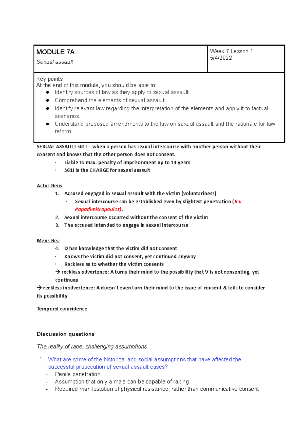 Module 7A: sexual assault - MODULE 7A Sexual assault Week 7 Lesson 1 5 ...