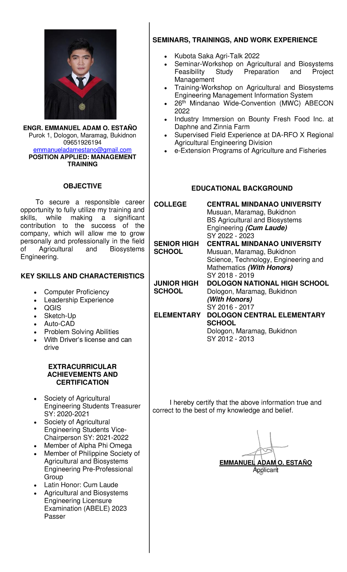 Resume - ENGR. EMMANUEL ADAM O. ESTAÑO Purok 1, Dologon, Maramag ...
