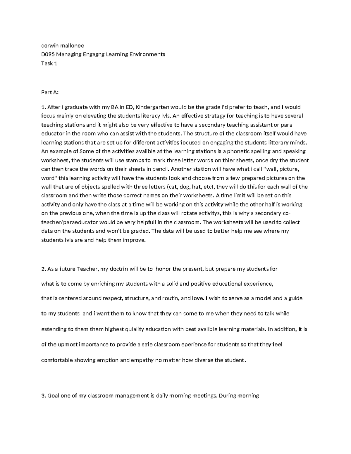 DO95 task 1 final - corwin mallonee D095 Managing Engagng Learning Environments Task 1 Part A ...