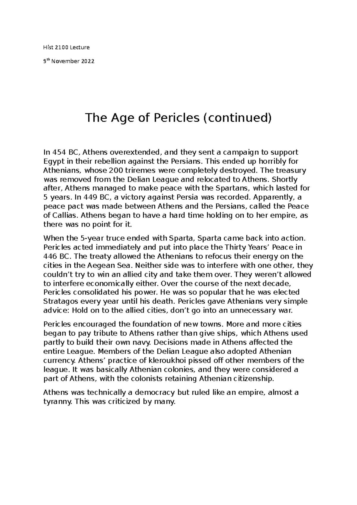 Lecture notes on Age of Pericles and Greek Religion - Hist 2100 Lecture ...