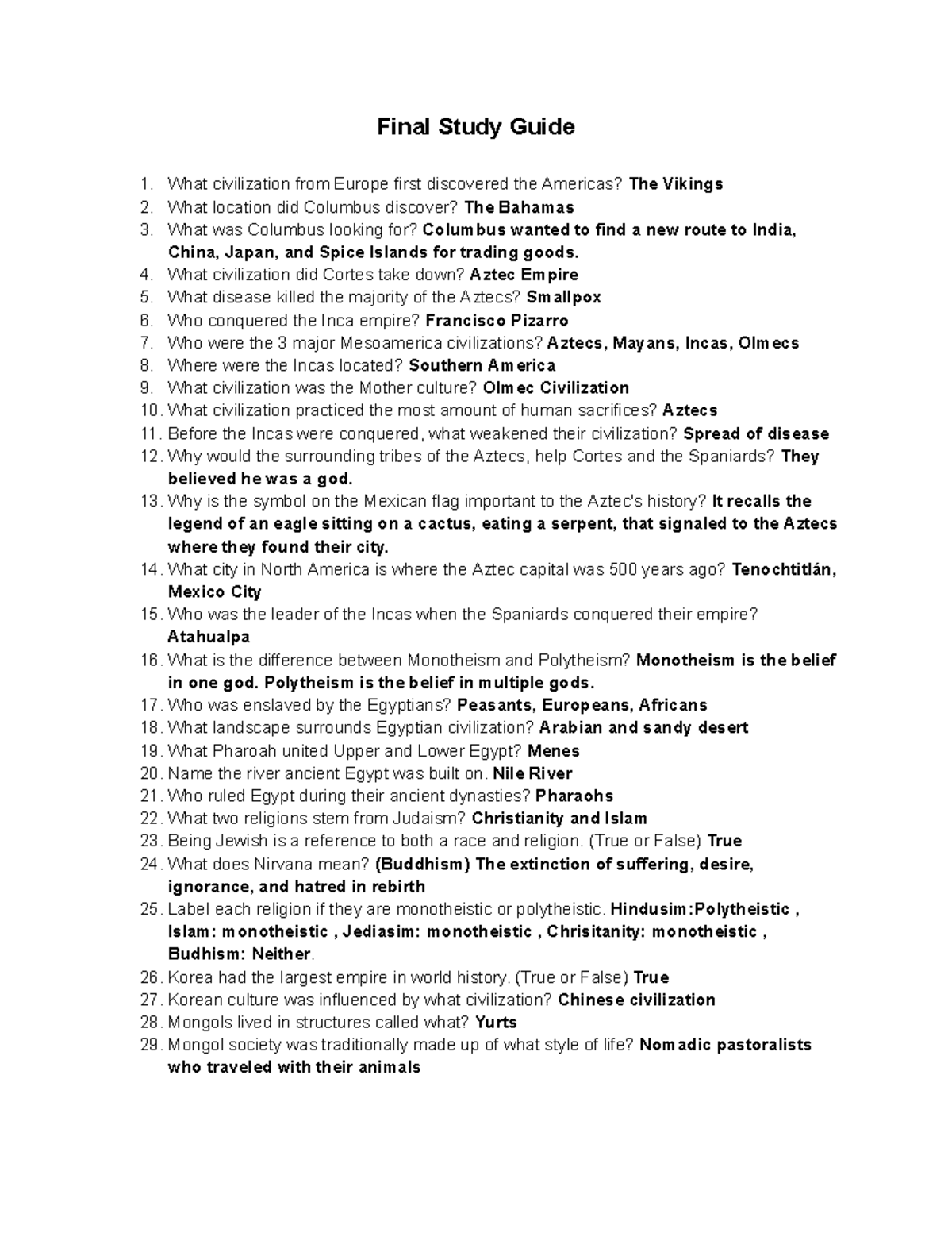 Final Study Guide - Final Study Guide What civilization from Europe ...