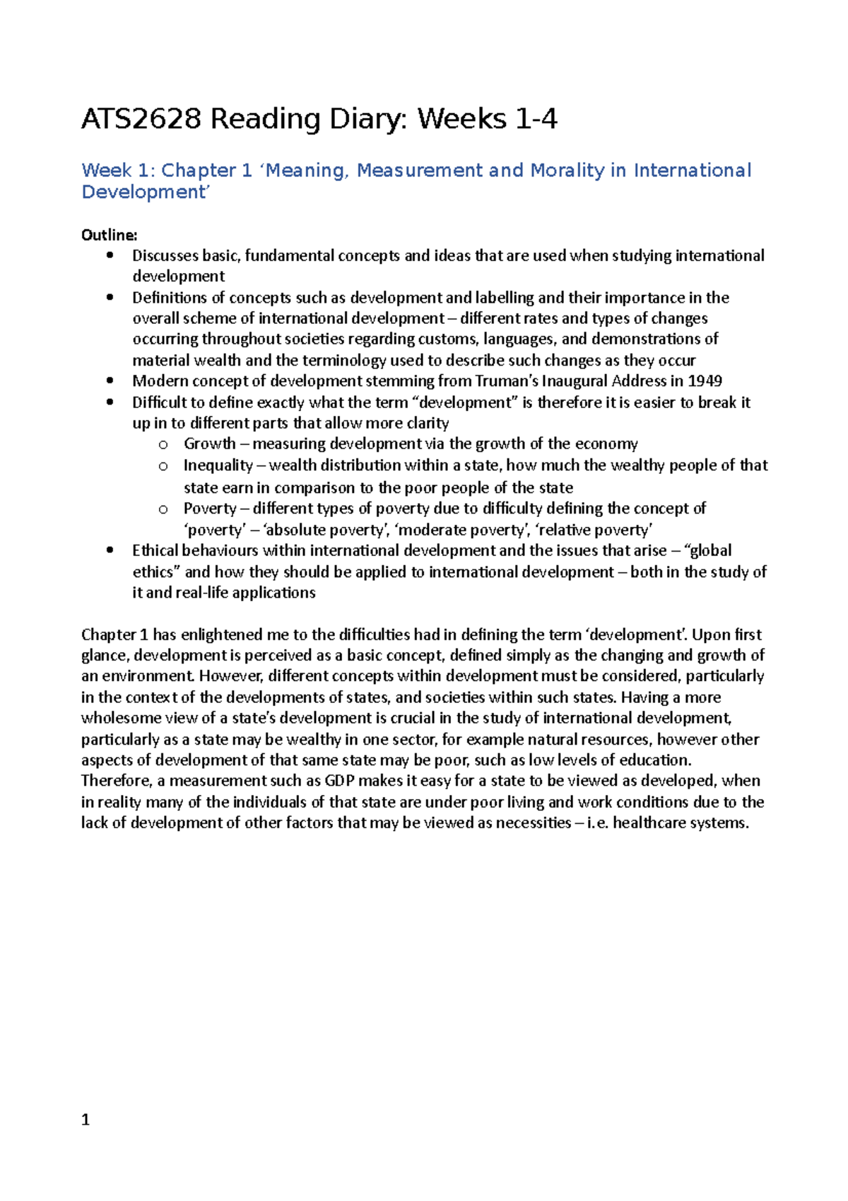 Reading Diary 1 - ATS2628 Reading Diary: Weeks 1- Week 1: Chapter 1 ...