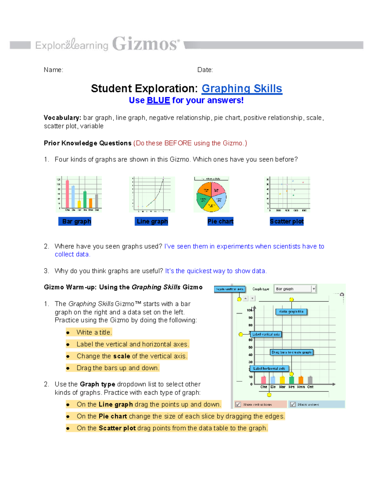 Gizmo - Graphing Skills Exploration - Name: Date: Student Exploration ...