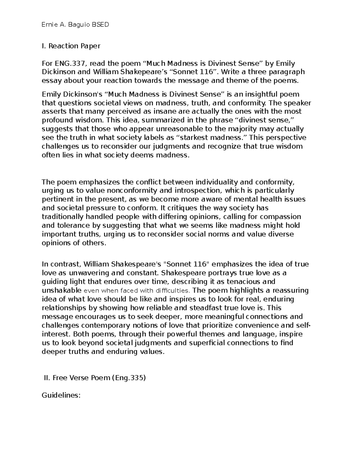 Reaction paper poems - I. Reaction Paper For ENG, read the poem “Much ...