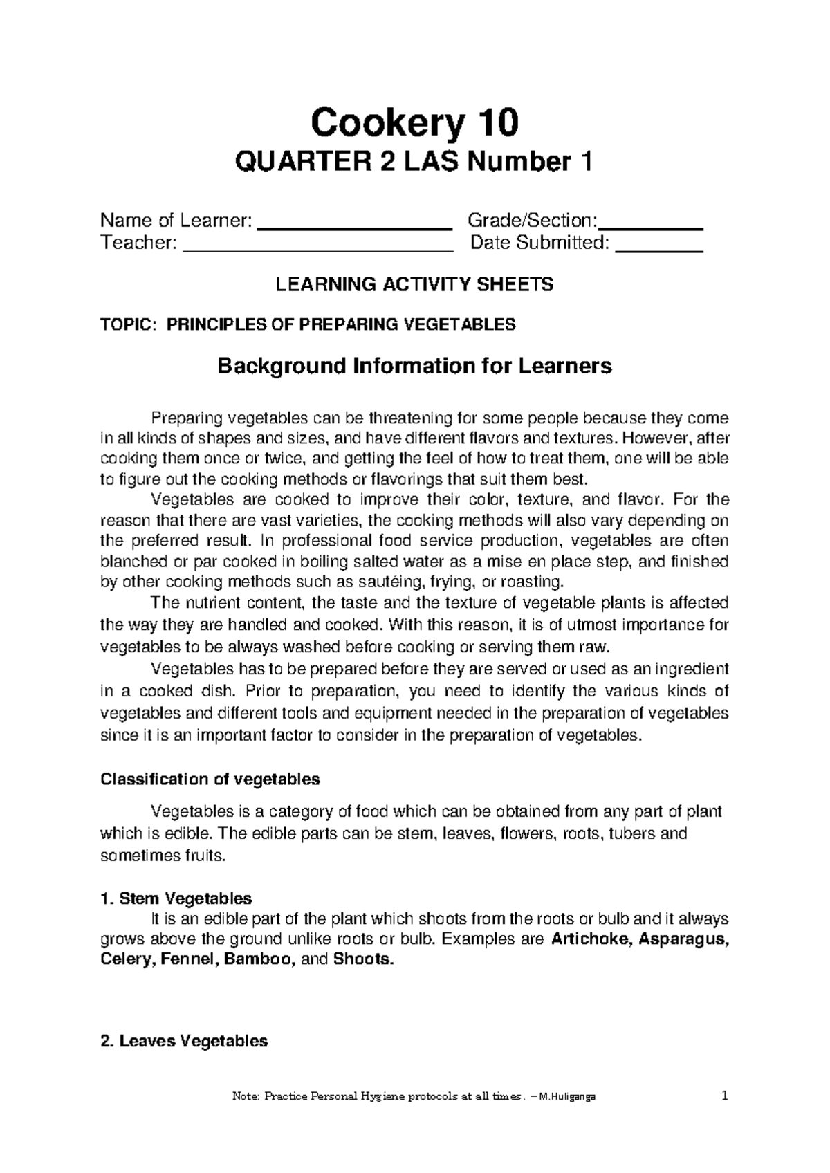 Cookery 10 Quarter 2 LAS No. 1 - Cookery 10 QUARTER 2 LAS Number 1 Name ...