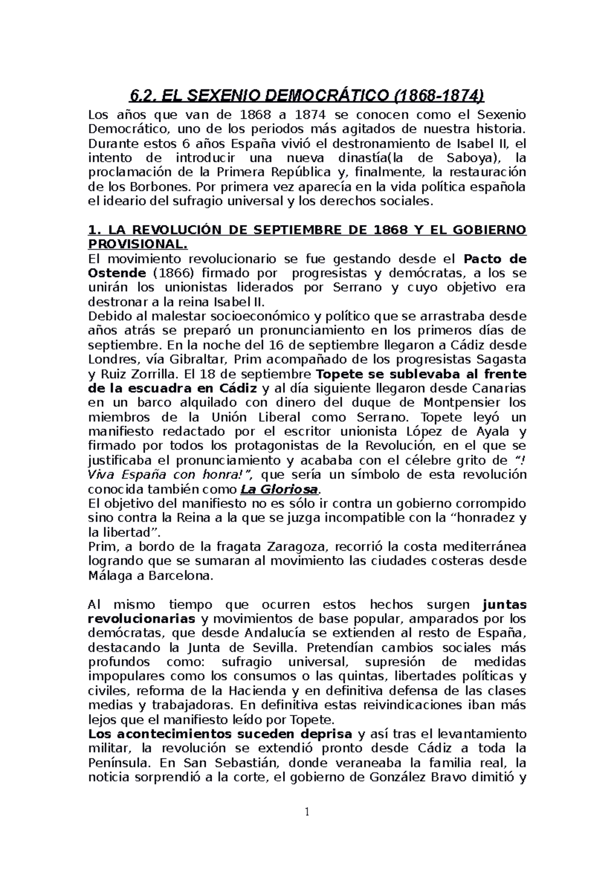 Sexenio Democrático - Bueno - 6. EL SEXENIO DEMOCRÁTICO (1868-1874) Los años que van de 1868 a ...