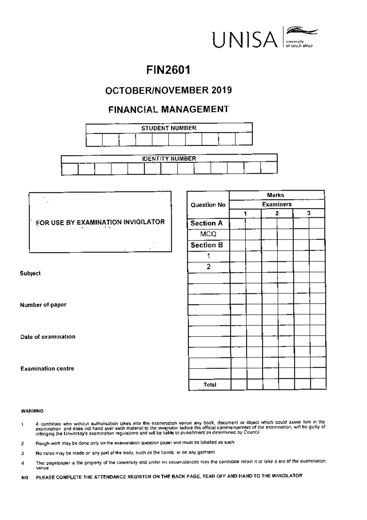 FIN2601 2019 Exam and questions - FIN2601 - Unisa - Studocu