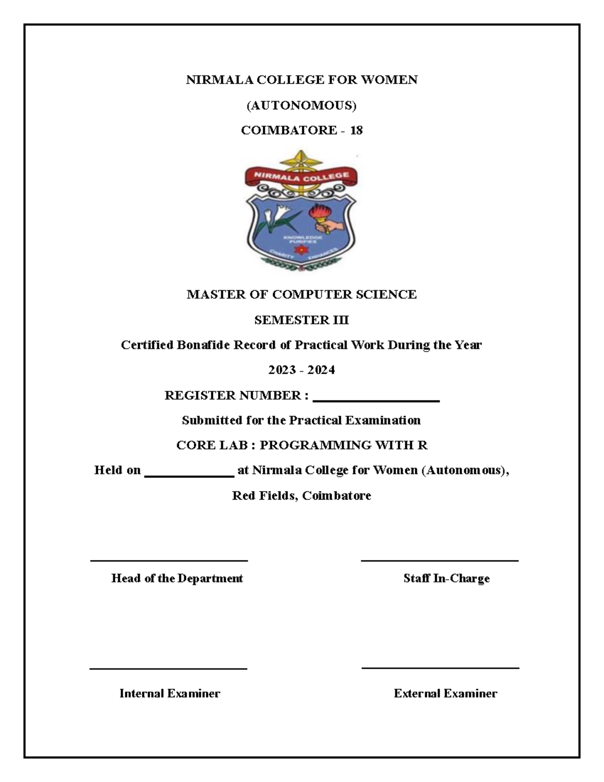 R Lab Record (2023-24) - LAB - NIRMALA COLLEGE FOR WOMEN (AUTONOMOUS ...