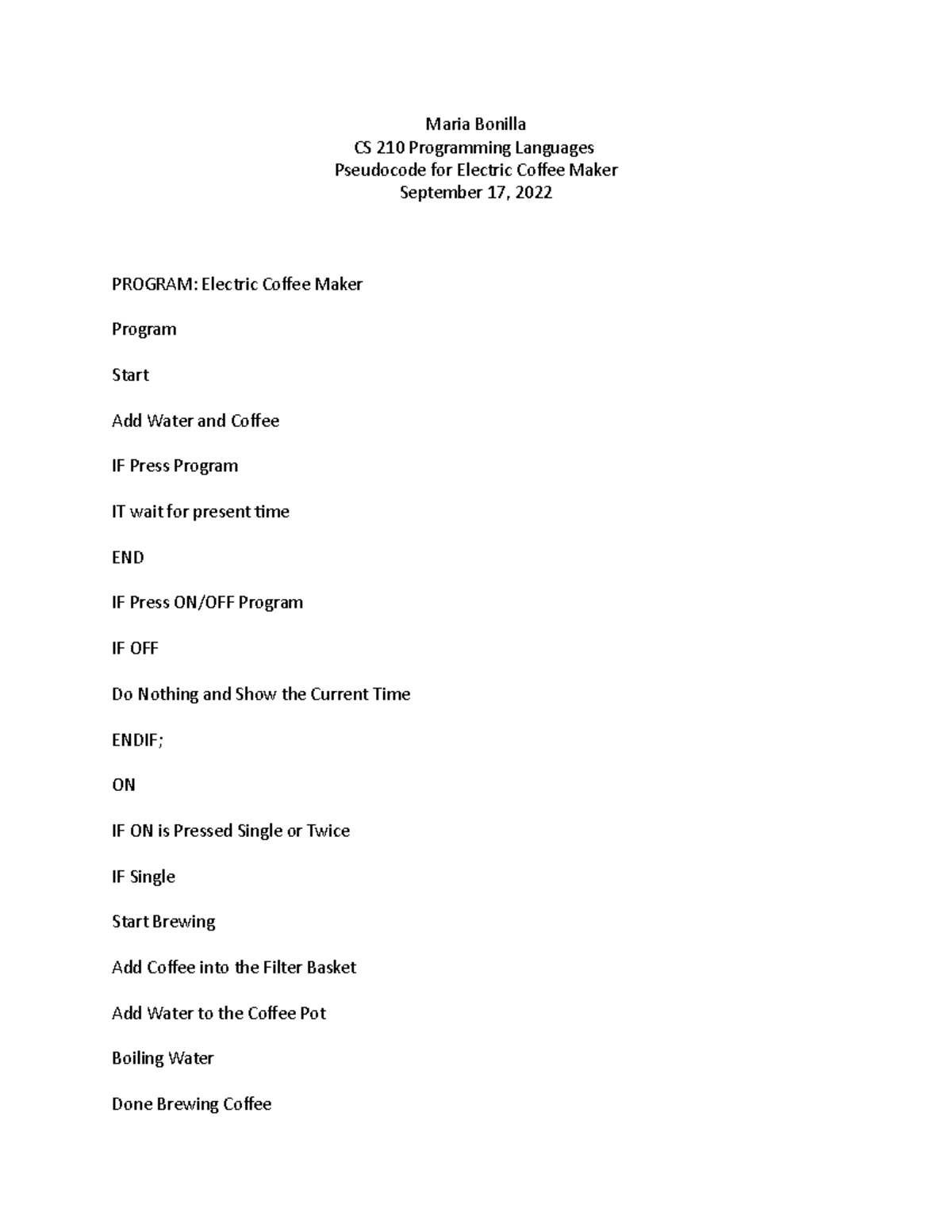 Maria Bonilla-CS 210 P-LPseudocode Electric Coffee Maker - diagrams ...