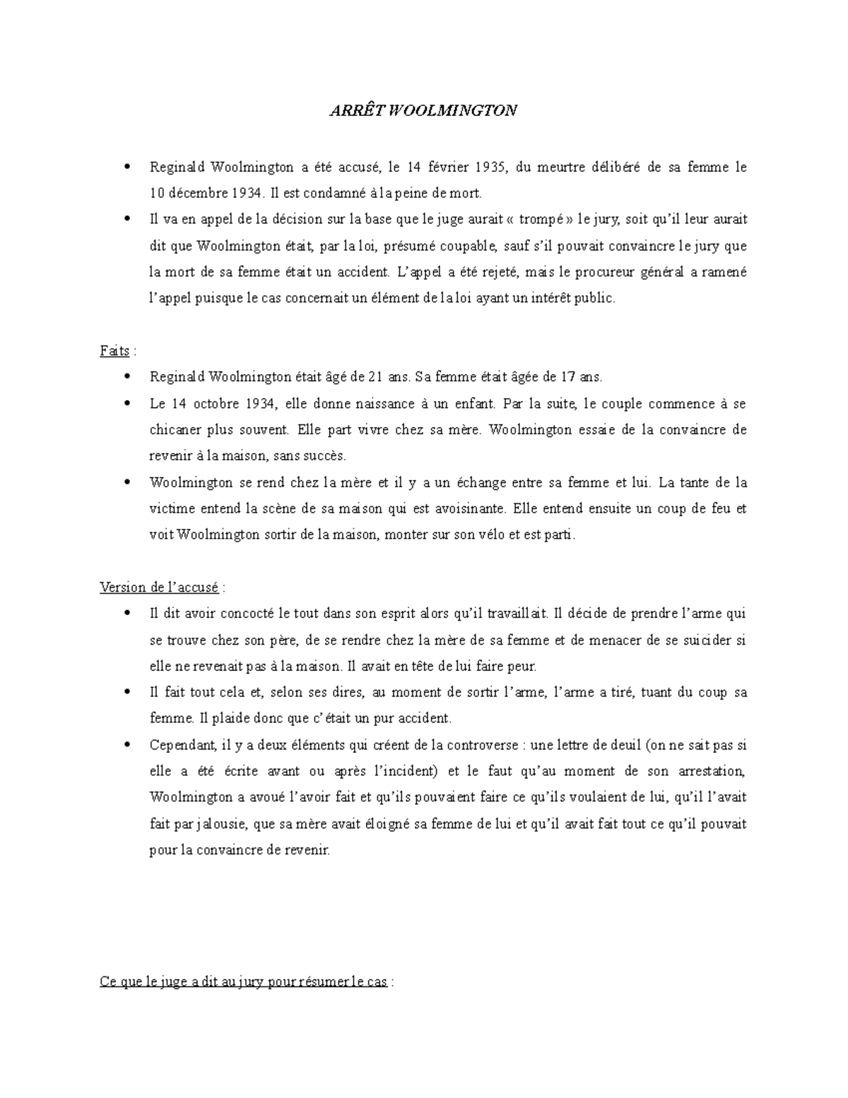 ARRÊT- Woolmington - ARRÊT WOOLMINGTON Reginald Woolmington a été ...