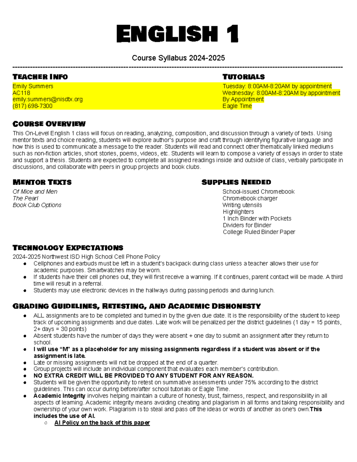 Summers 24-25 OL Eng.1 Course Syllabus - English 1 Course Syllabus 2024 ...