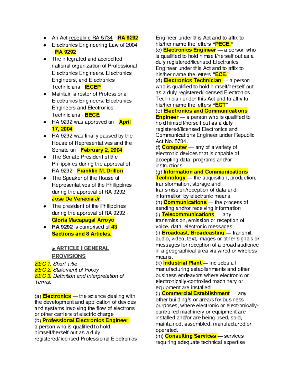LAWS M2 Reviewer 1 - notes - An Act repealing RA 5734 - RA 9292 ...