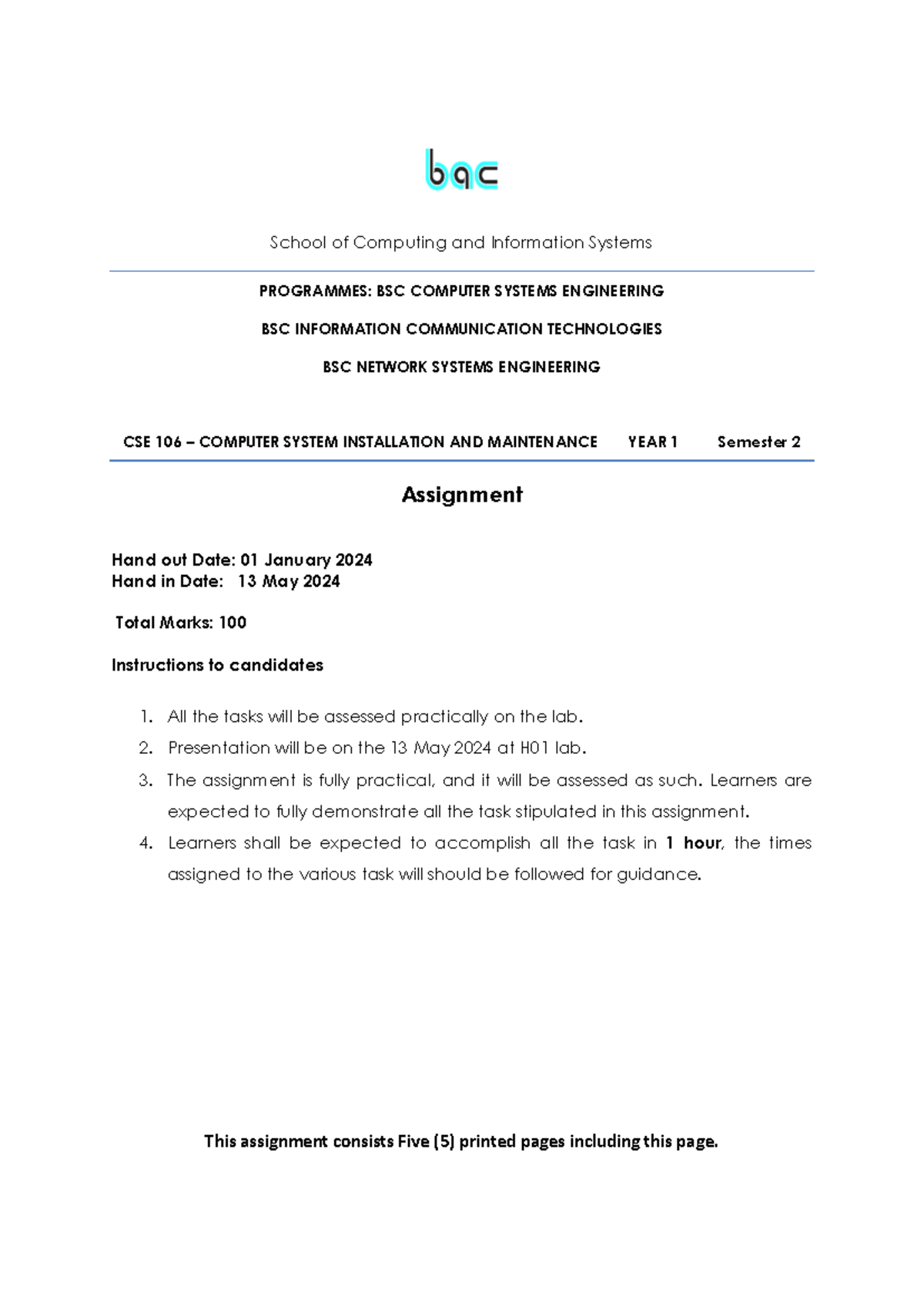 CSIM Assignment 24 - School of Computing and Information Systems PROGRAMMES: BSC COMPUTER ...