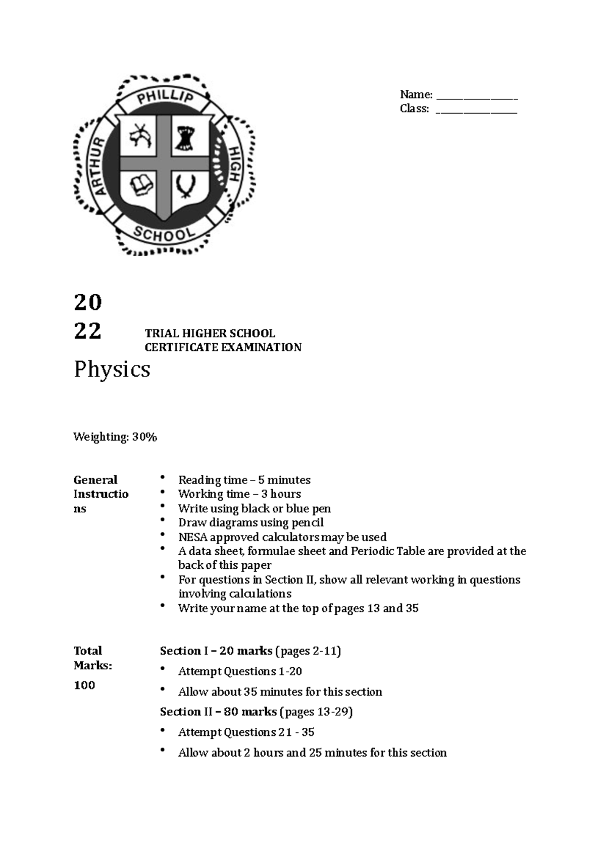 APHS 2022 - This is an Arthur Phillip's High School Trial Paper for ...