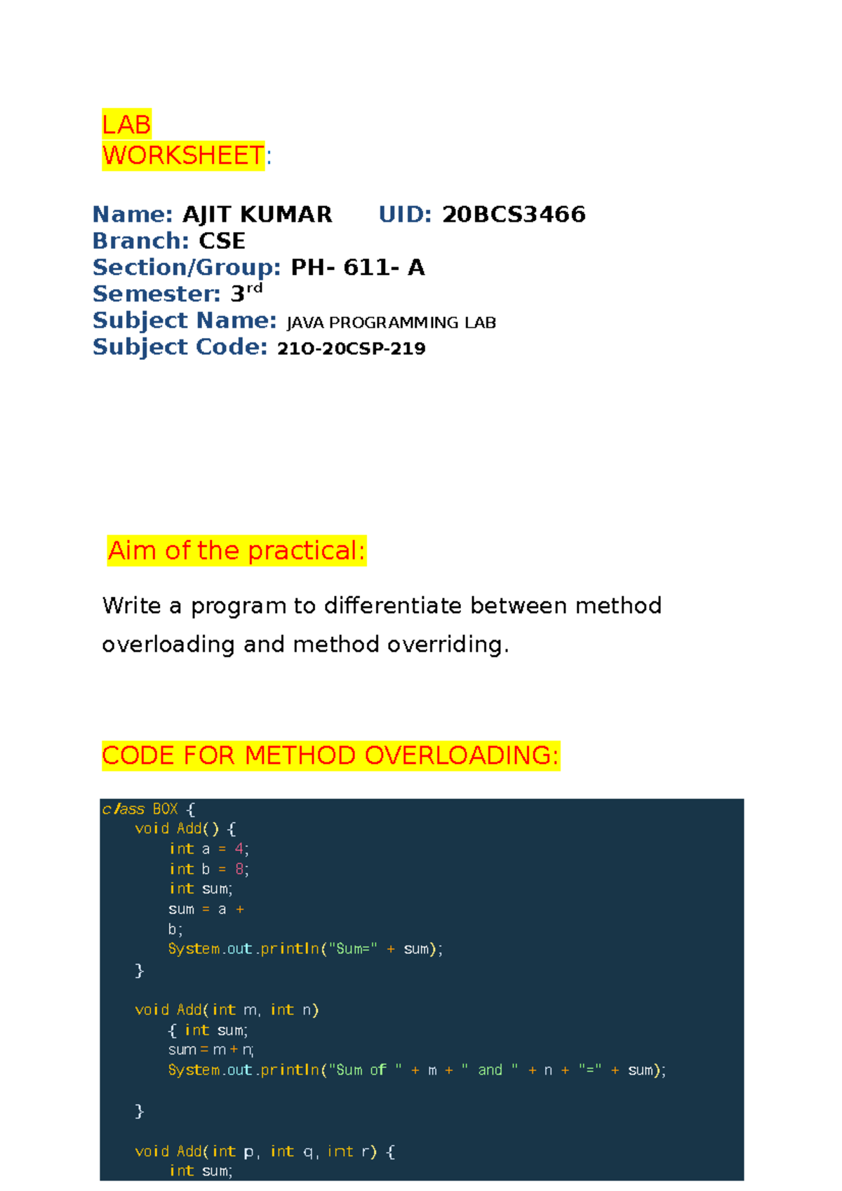 Final LAB MST - lab mst worksheet - LAB WORKSHEET: Name: AJIT KUMAR UID: 20BCS Branch: CSE - Studocu