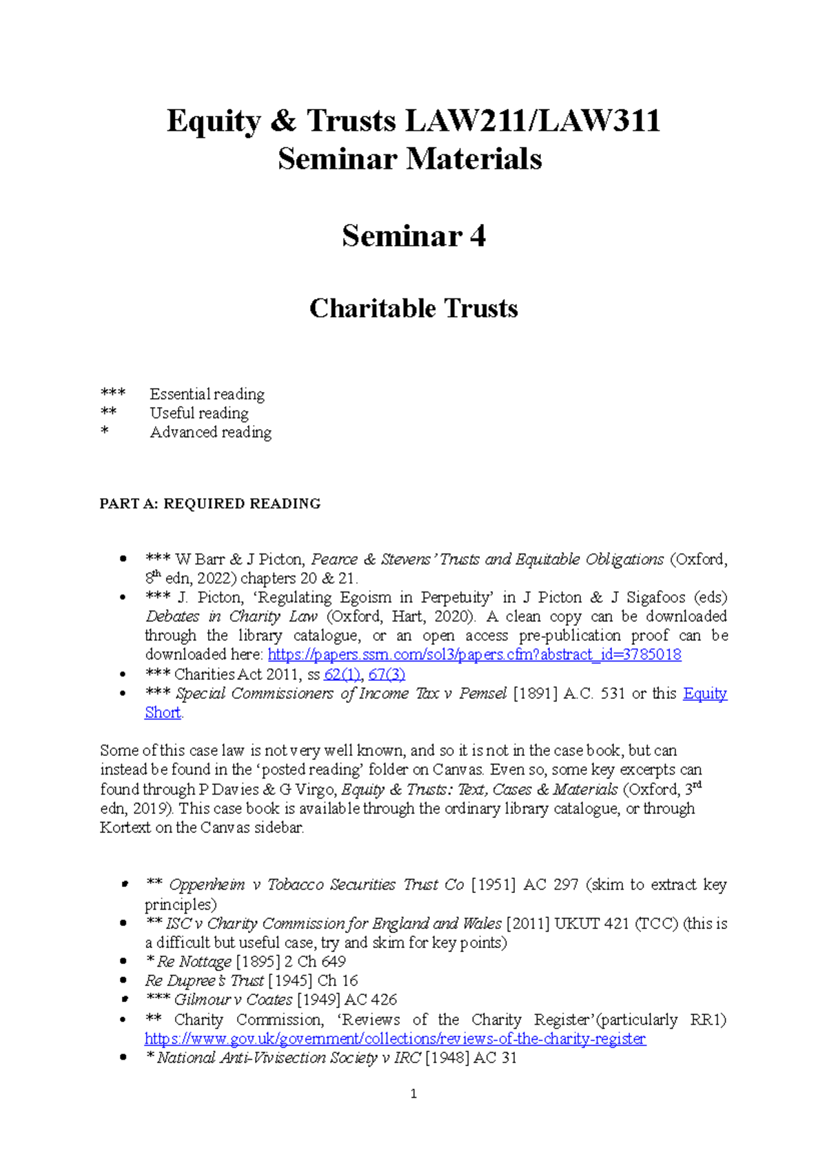2022- 3 - Seminar 4 - Charitable Trusts - Equity & Trusts LAW211/LAW Seminar Materials Seminar 4 ...