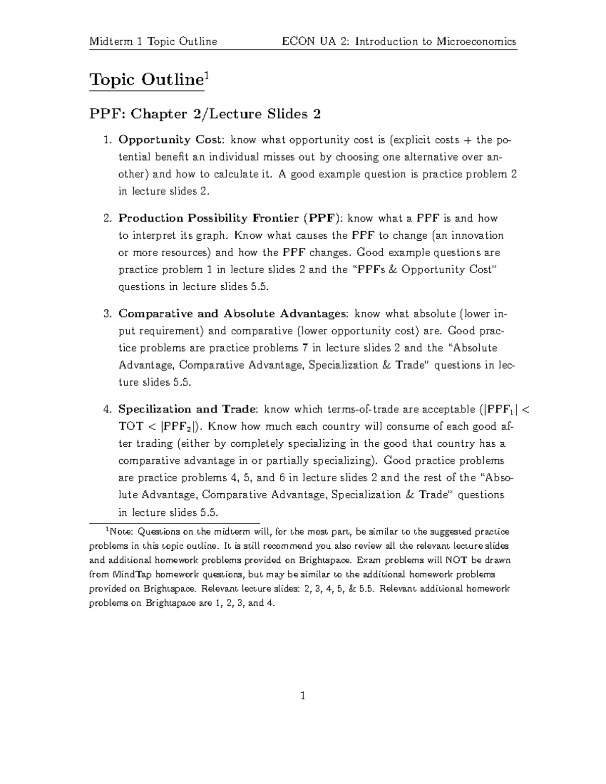 Midterm 1 Topics Outline - Midterm 1 Topic Outline ECON UA 2: Introduction to Microeconomics ...