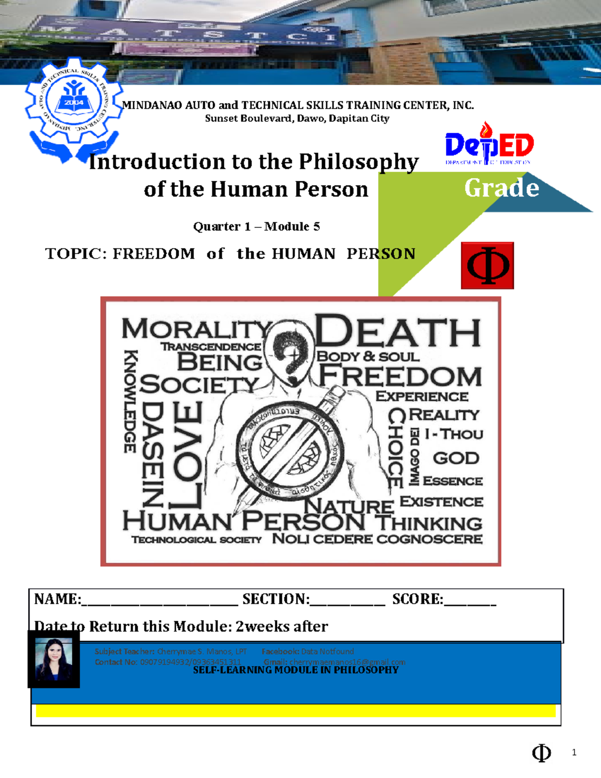 Philo Q2 Module 5 - SELF-LEARNING MODULE IN PHILOSOPHY 1 Subject ...