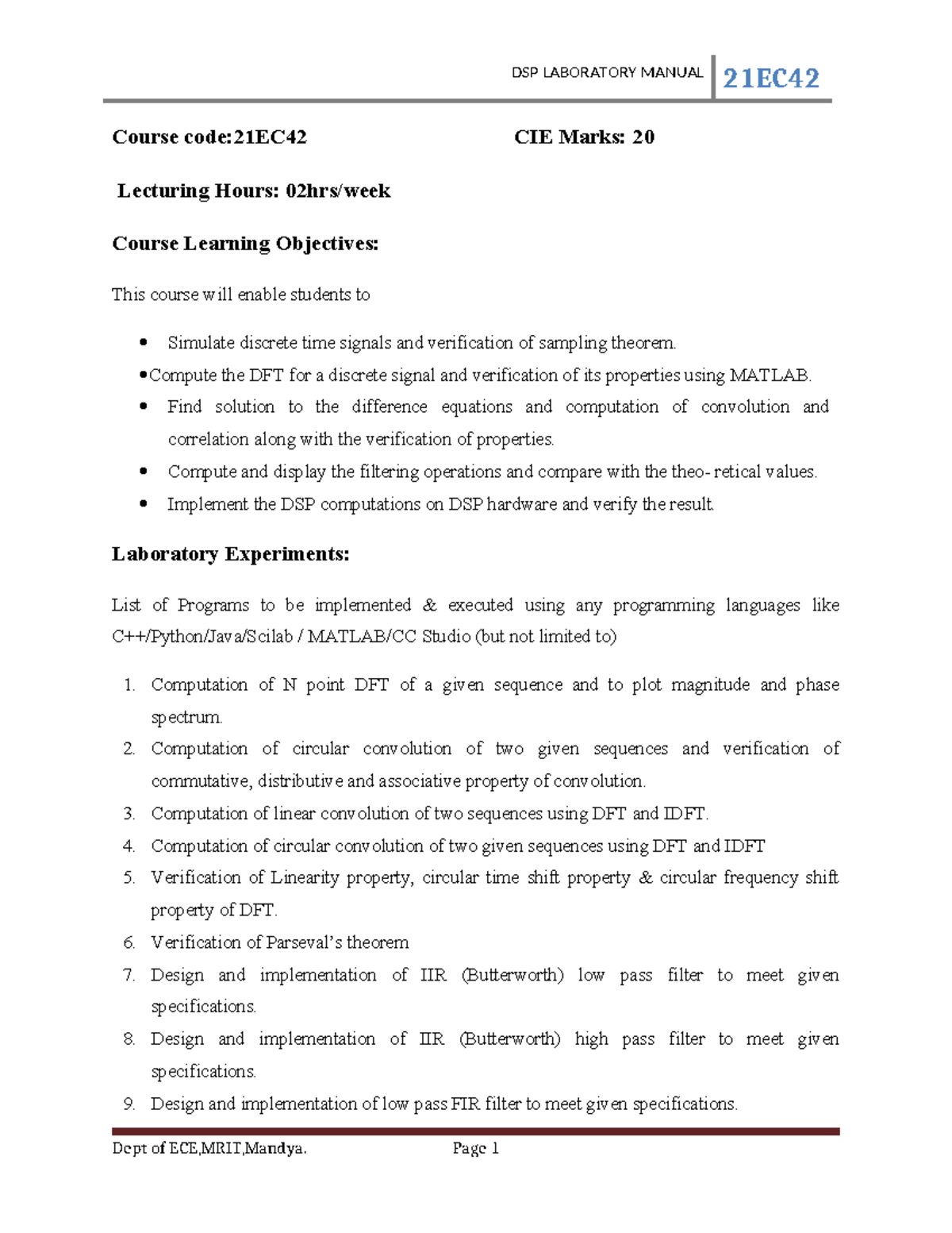DSP LAB - 2 1EC Course code:21EC42 CIE Marks: 20 Lecturing Hours: 02hrs ...