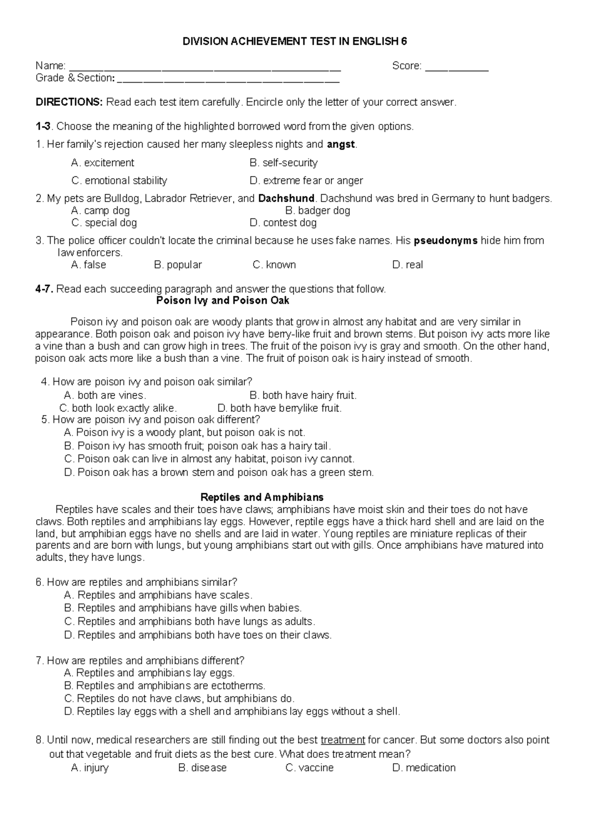 Division Achievement TEST IN English 6 - DIVISION ACHIEVEMENT TEST IN ...