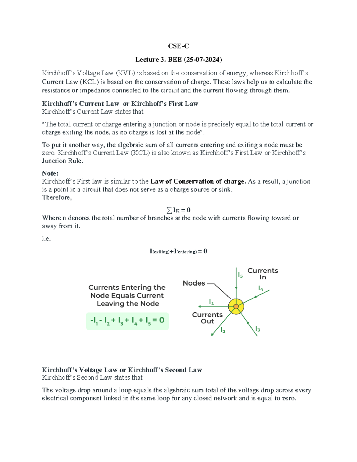 Krichoff Laws KVL and KCL - CSE-C Lecture 3. BEE (25- 07 - 2024 ...
