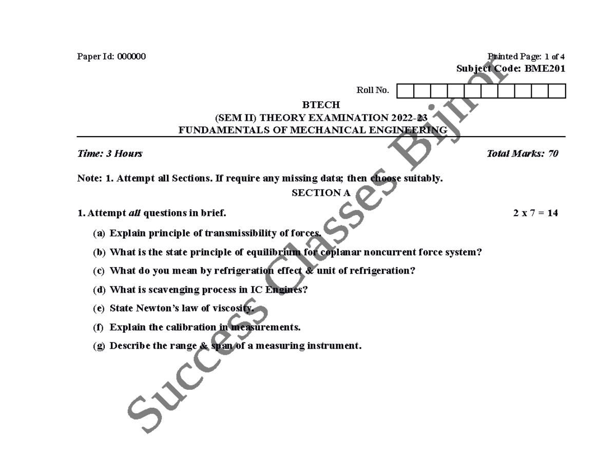 Fundamental of Mecahnical Engineering Model Paper - Paper Id: 000000 ...