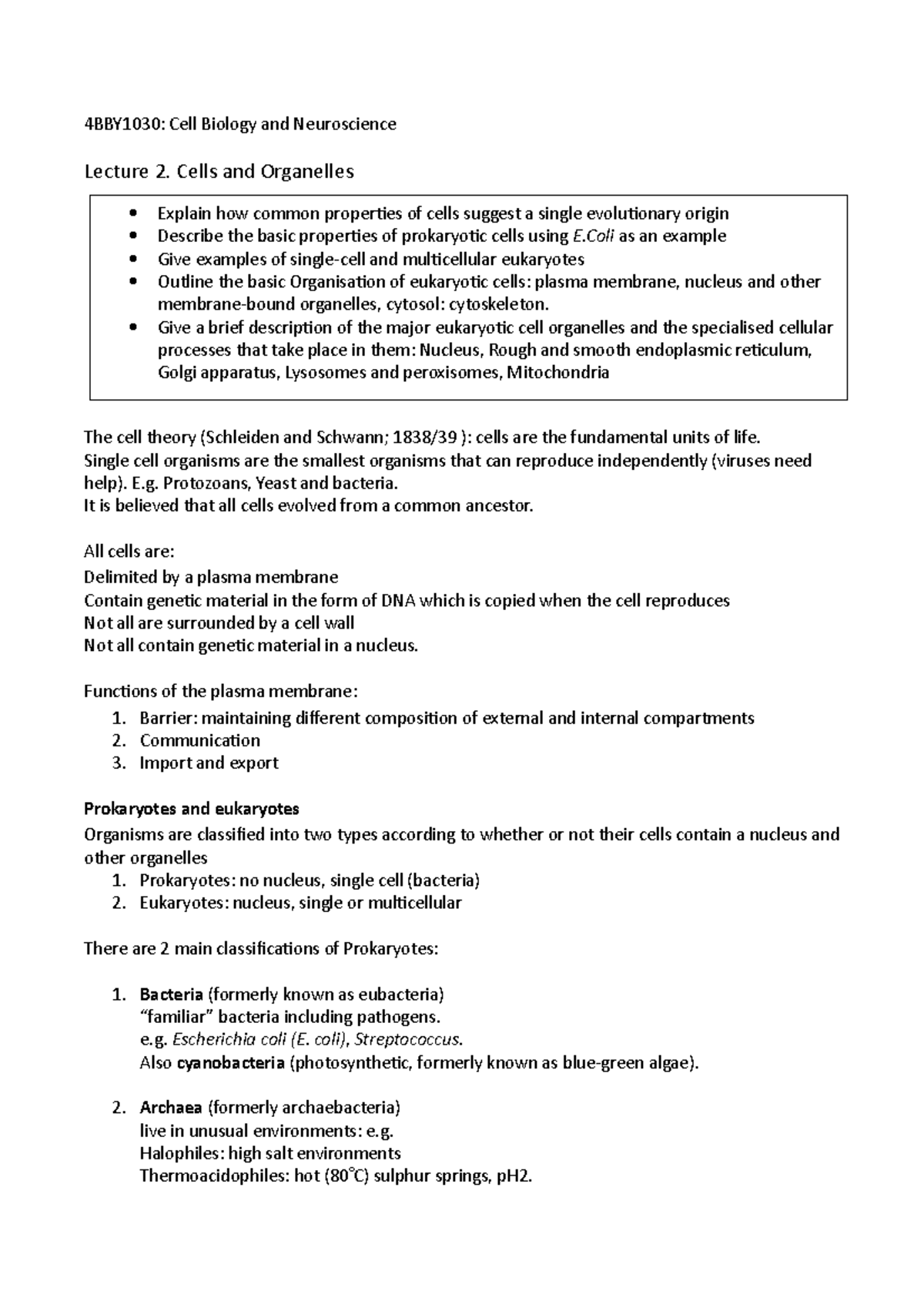 4BBY1030 - Lecture notes 2,3 - 4BBY1030: Cell Biology and Neuroscience ...