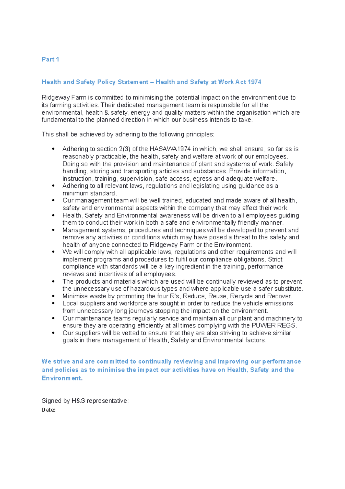 1.1. Heath and Policy, Statement of Intent - Part 1 Health and Safety ...