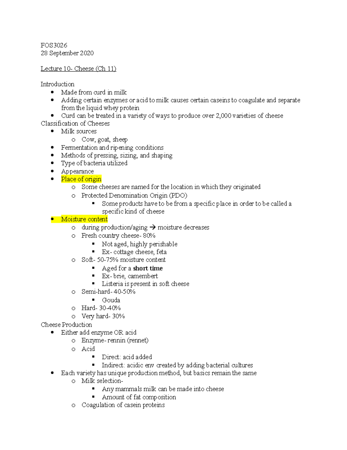 Cheese - Lecture notes 10 - FOS 28 September 2020 Lecture 10- Cheese ...