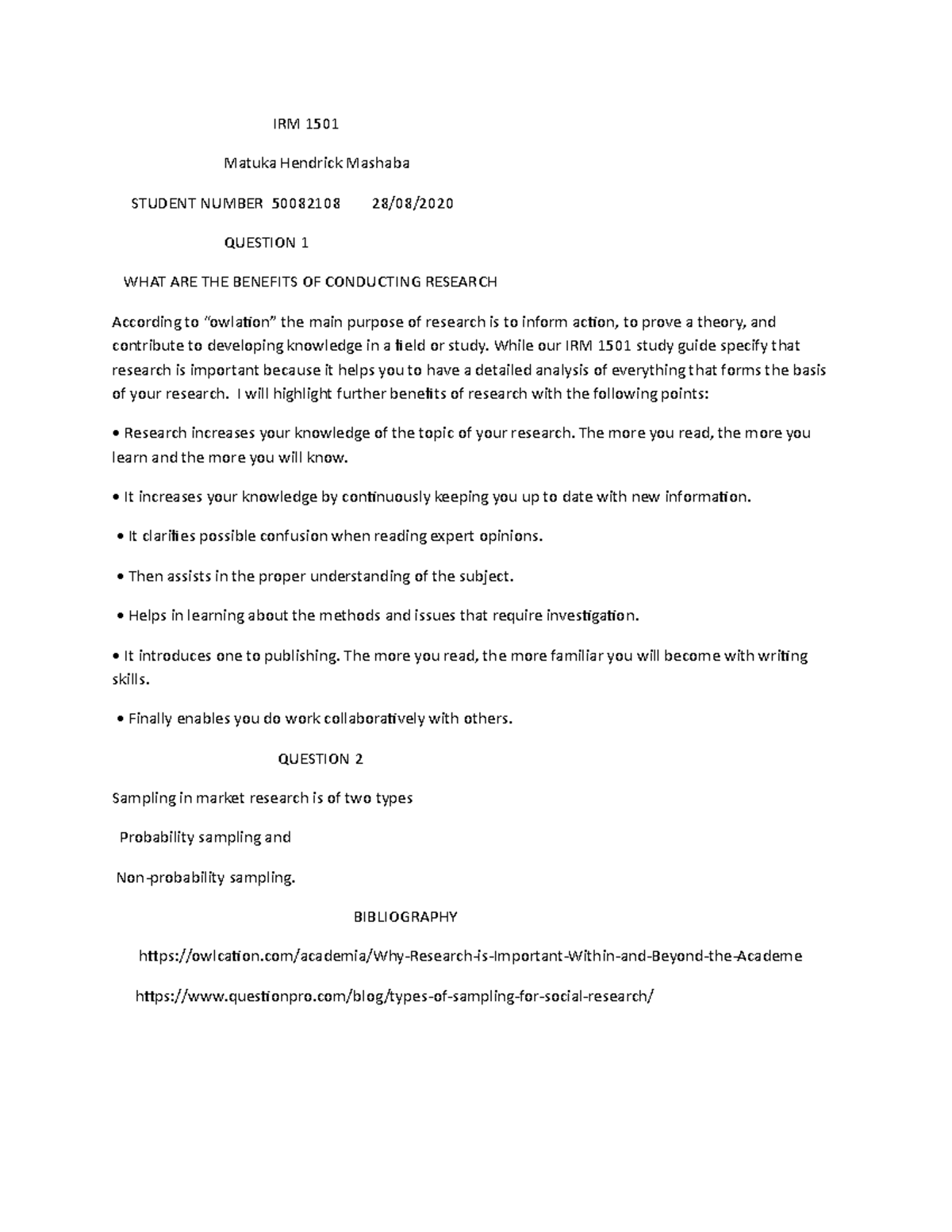 IRM 1501 Assignment 1 - IRM 1501 Matuka Hendrick Mashaba STUDENT NUMBER ...