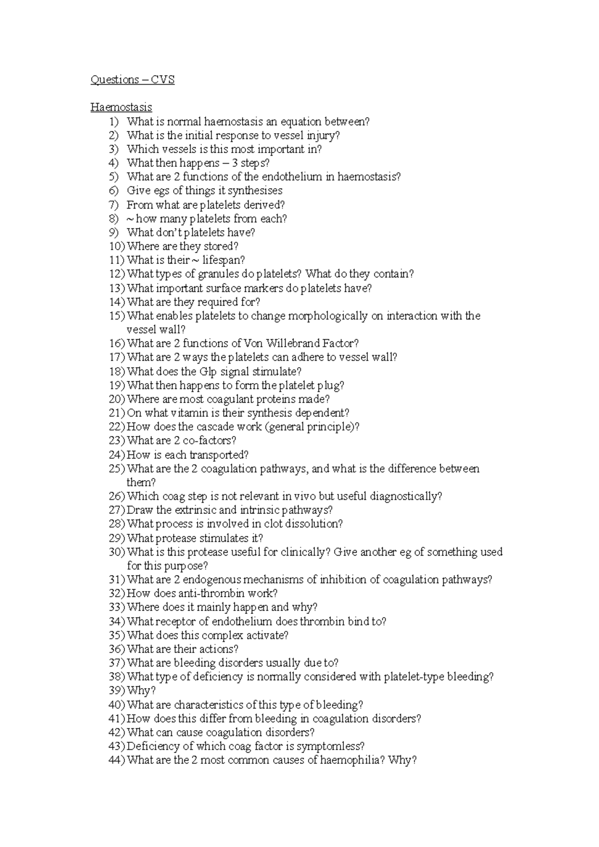 Questions - CVS - Notes from Year 2 - Questions – CVS Haemostasis 1 ...