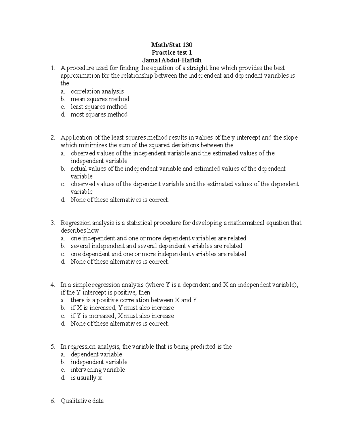 Math 1300 practice test1 - Math/Stat 130 Practice test 1 Jamal Abdul ...