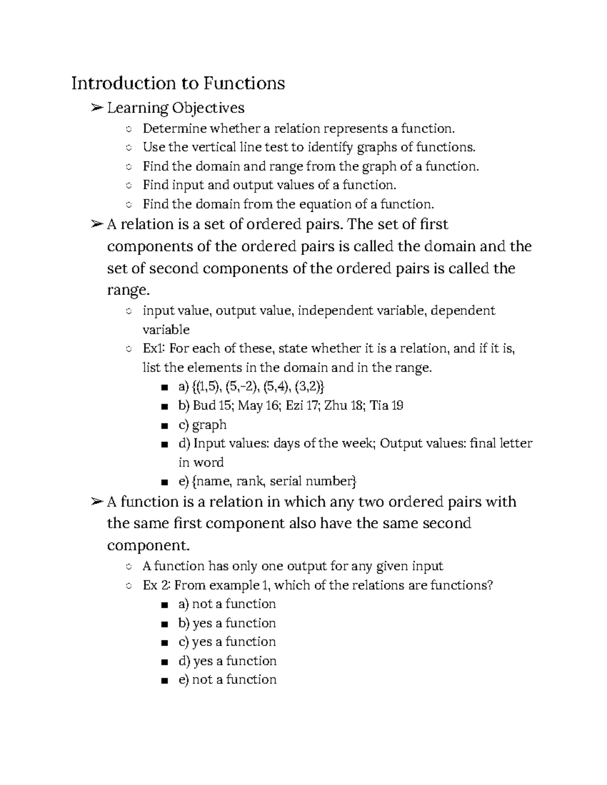 Math 1050 Lecture Notes Class 1 - Introduction to Functions Learning ...