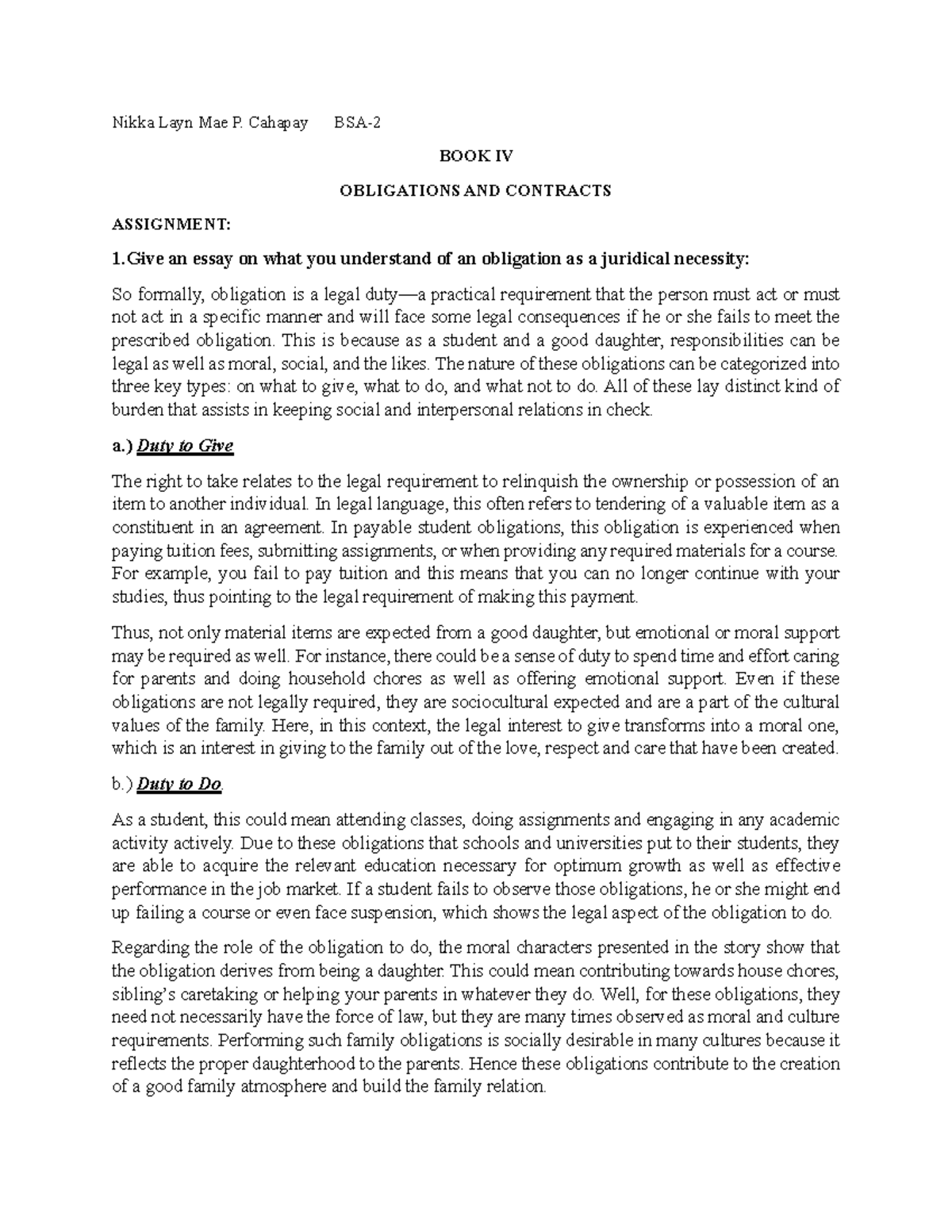 Cahapay ( Oblicon) - Nikka Layn Mae P. Cahapay BSA- 2 BOOK IV OBLIGATIONS AND CONTRACTS ...