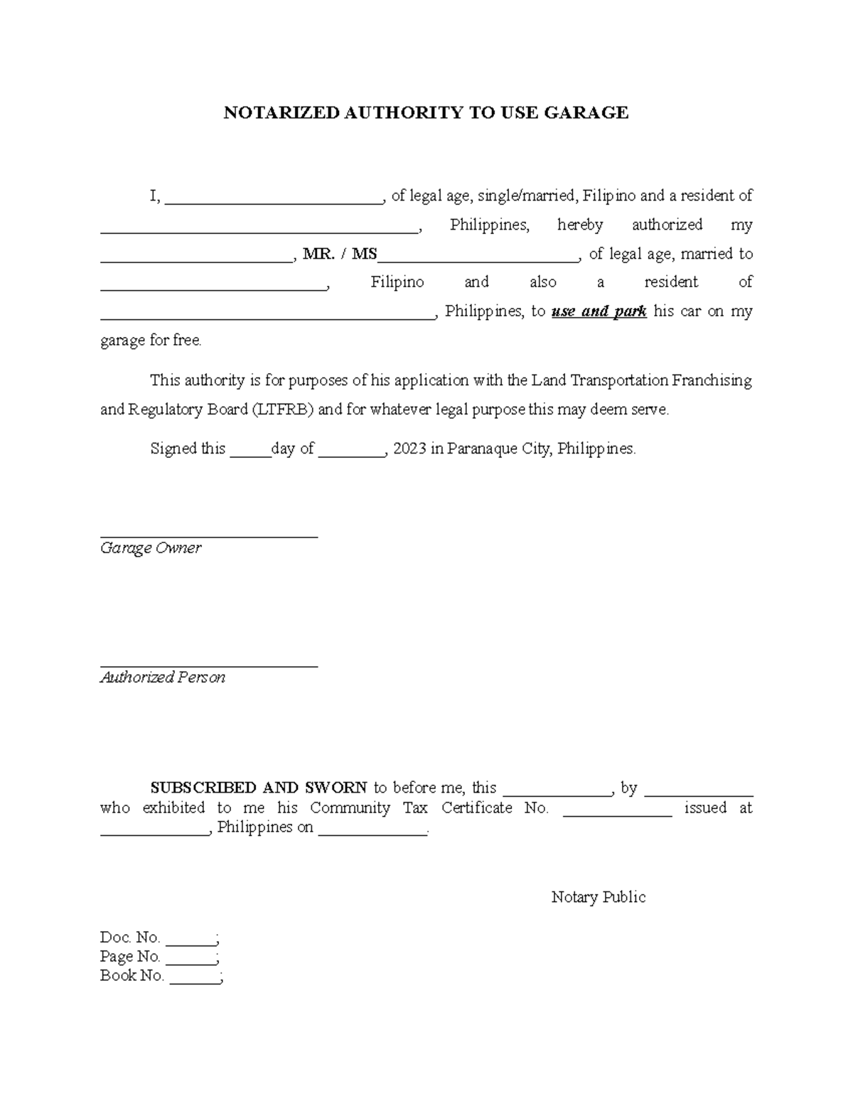 Notarized Authority TO USE Garage Template - NOTARIZED AUTHORITY TO USE ...