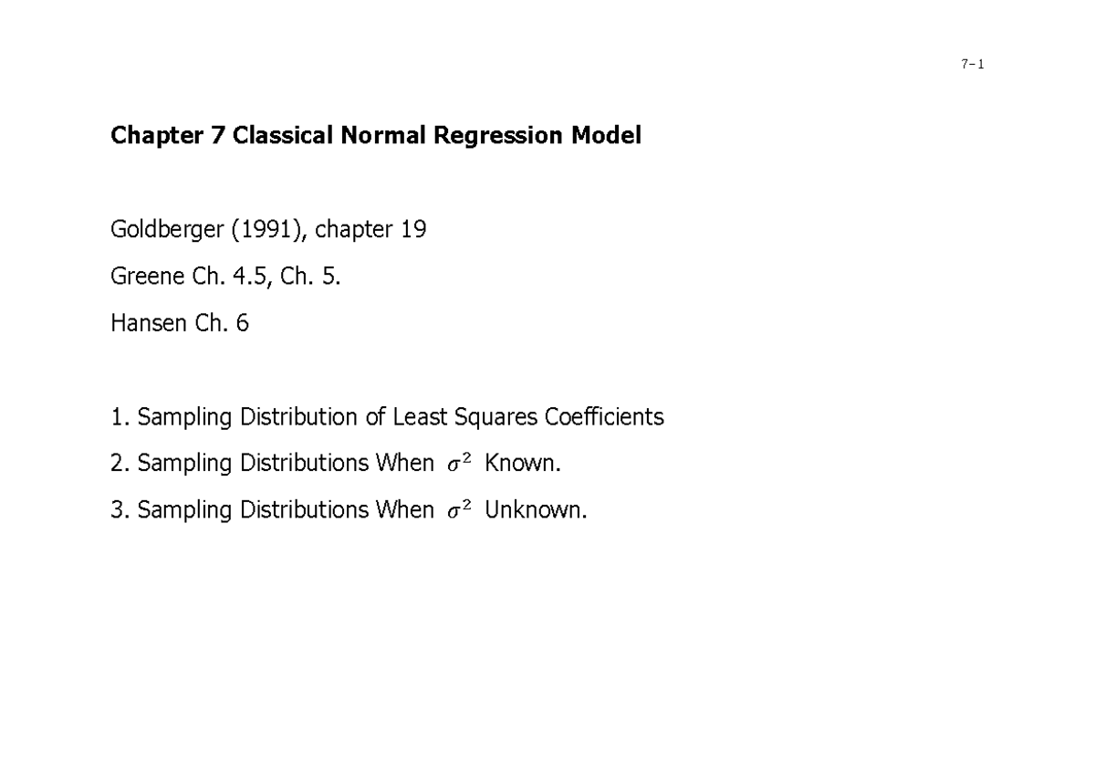 Note 7 Classical Normal Regression Model(class) - Chapter 7 Classical ...