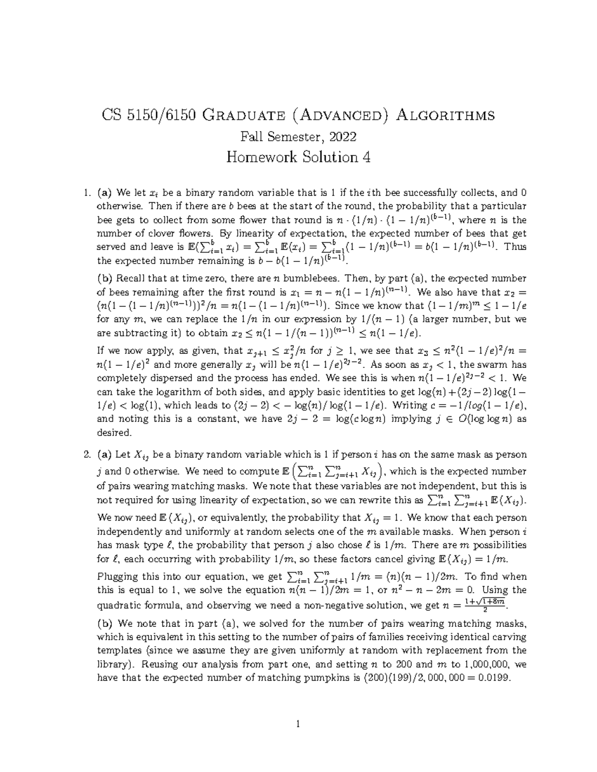 Solution 4 Assignment Cs 51506150 Graduate Advanced Algorithms Fall Semester 2022 