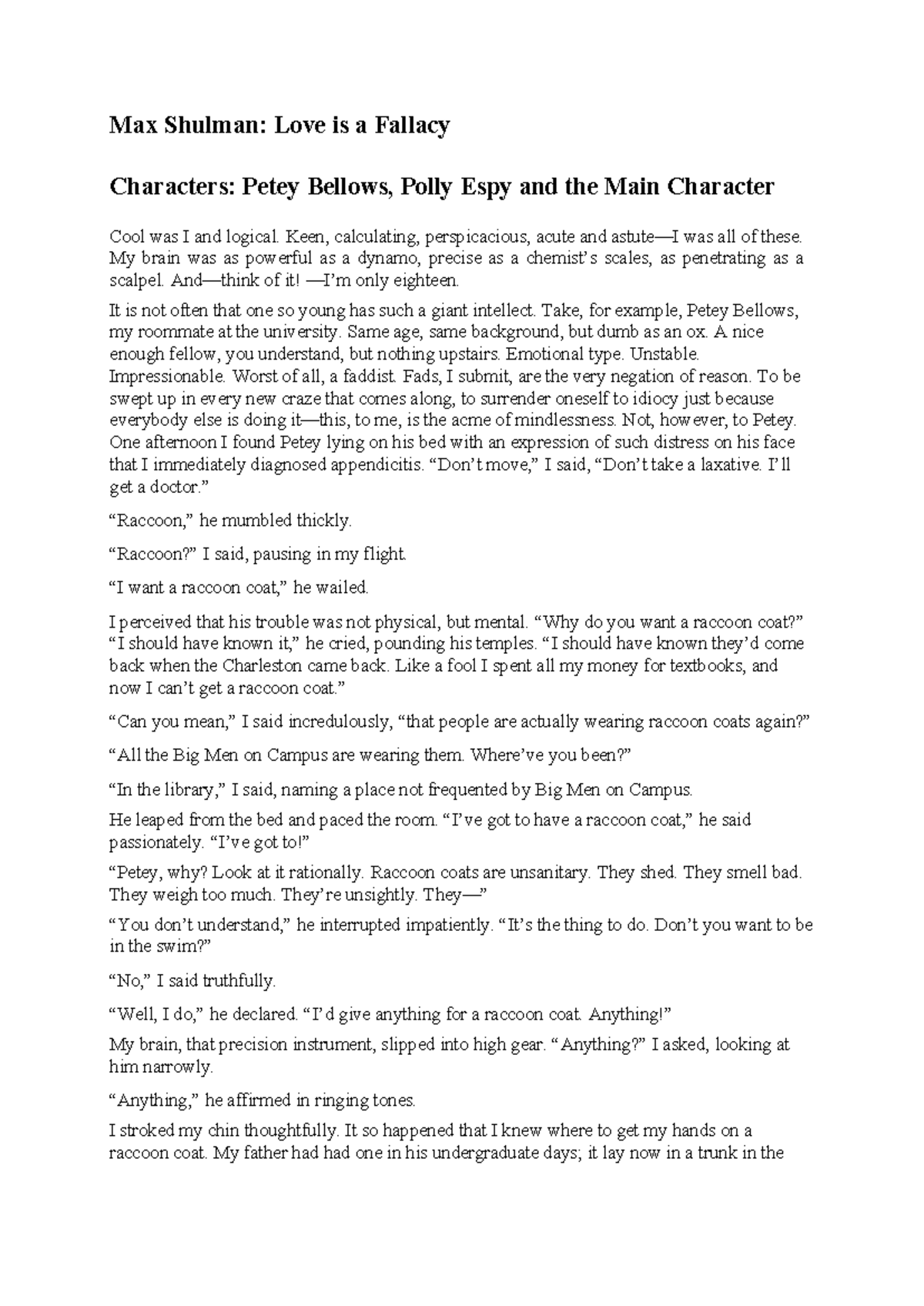 Love is a Fallacy by Max Shulman - Max Shulman: Love is a Fallacy ...