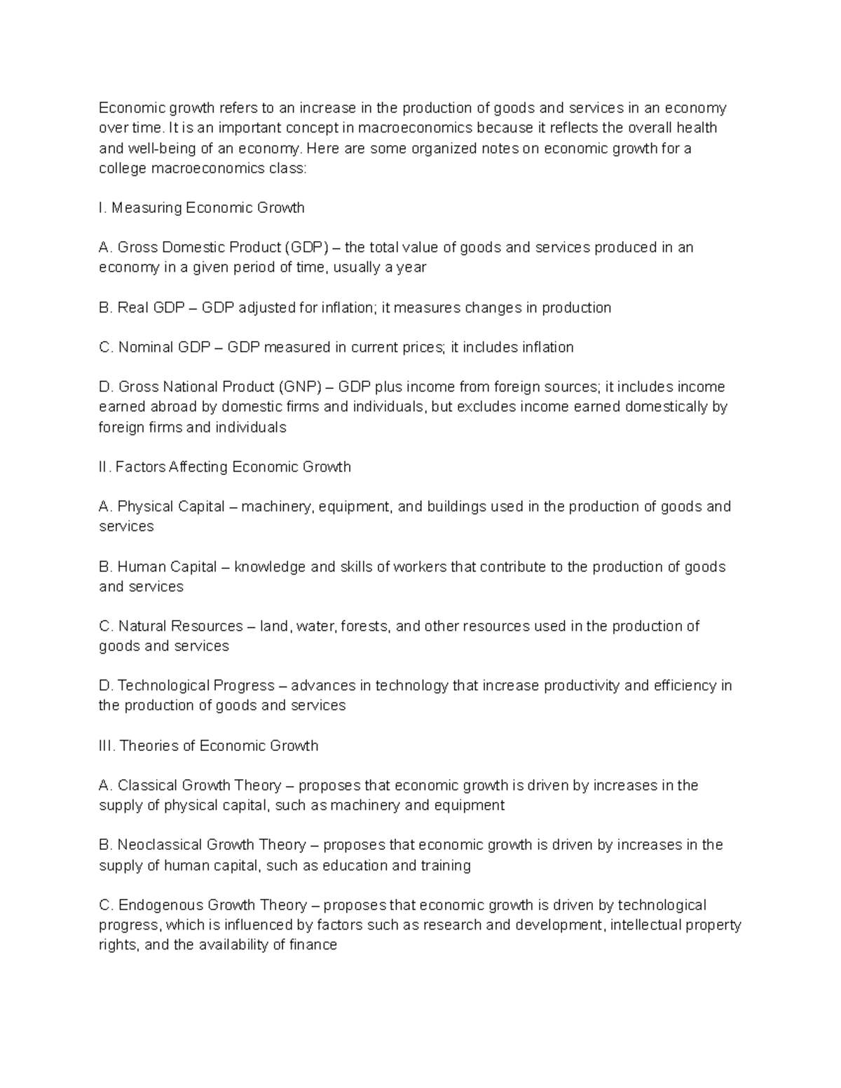 Economic growth notes - Economic growth refers to an increase in the ...