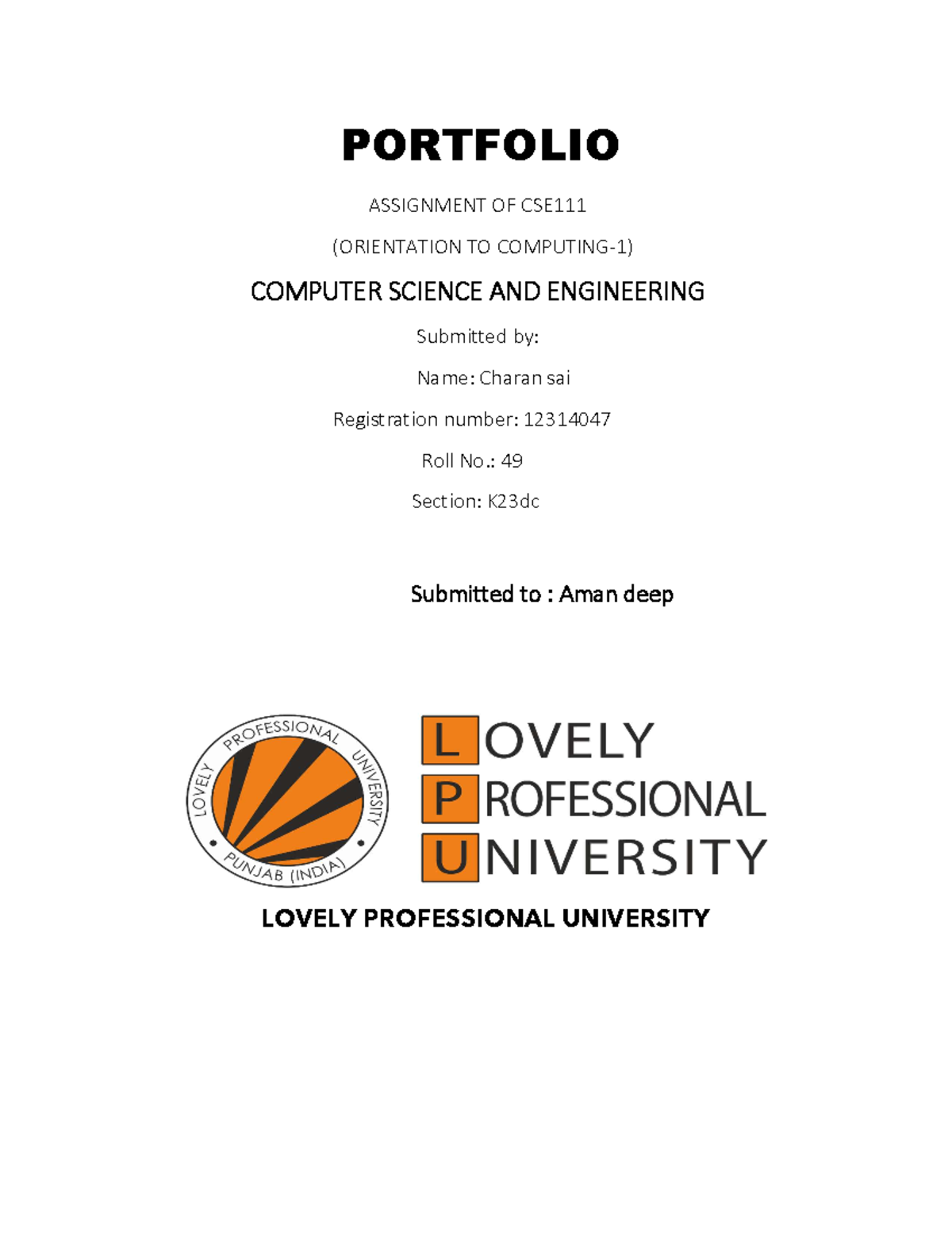 Cse111 Portfolio Portfolio Assignment Of Cse Orientation To Computing 1 Computer Science And