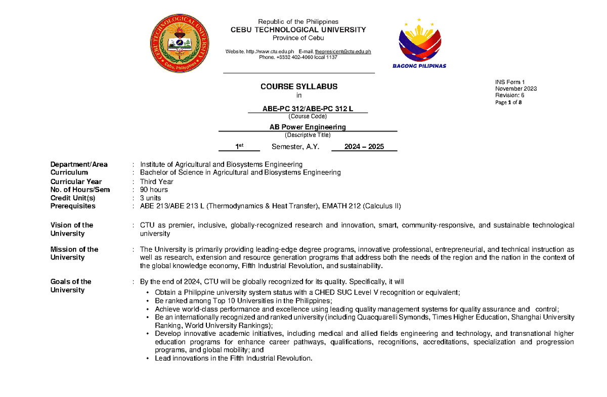 AB Power Engineering Syllabus - INS Form 1 November 2023 Revision: 6 ...