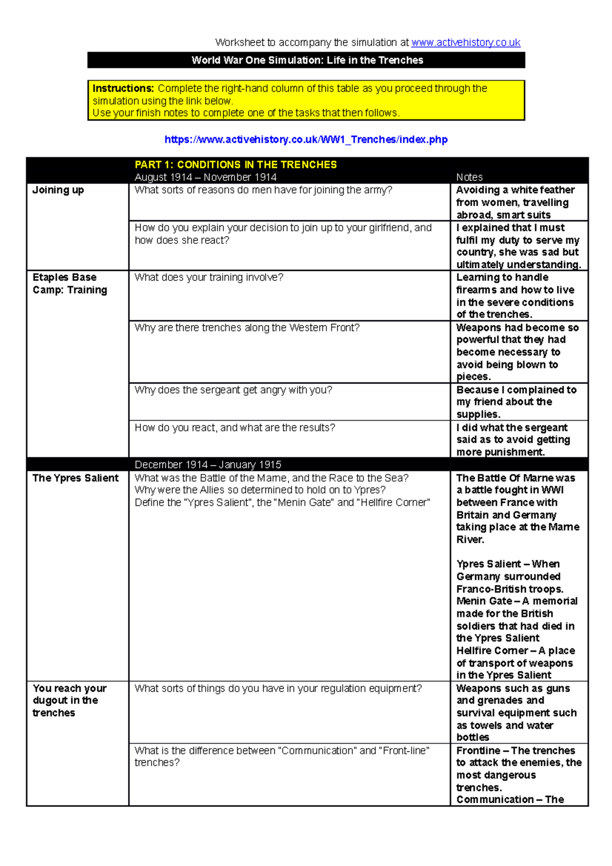 Trenches-Active History Worksheet 2021 - World War One Simulation: Life ...