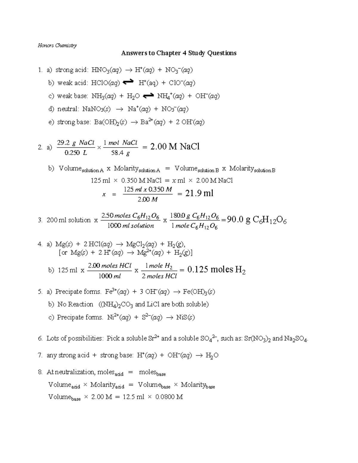 Hc Chapter 4 Study Questions Answers - Honors Chemistry Answers to ...