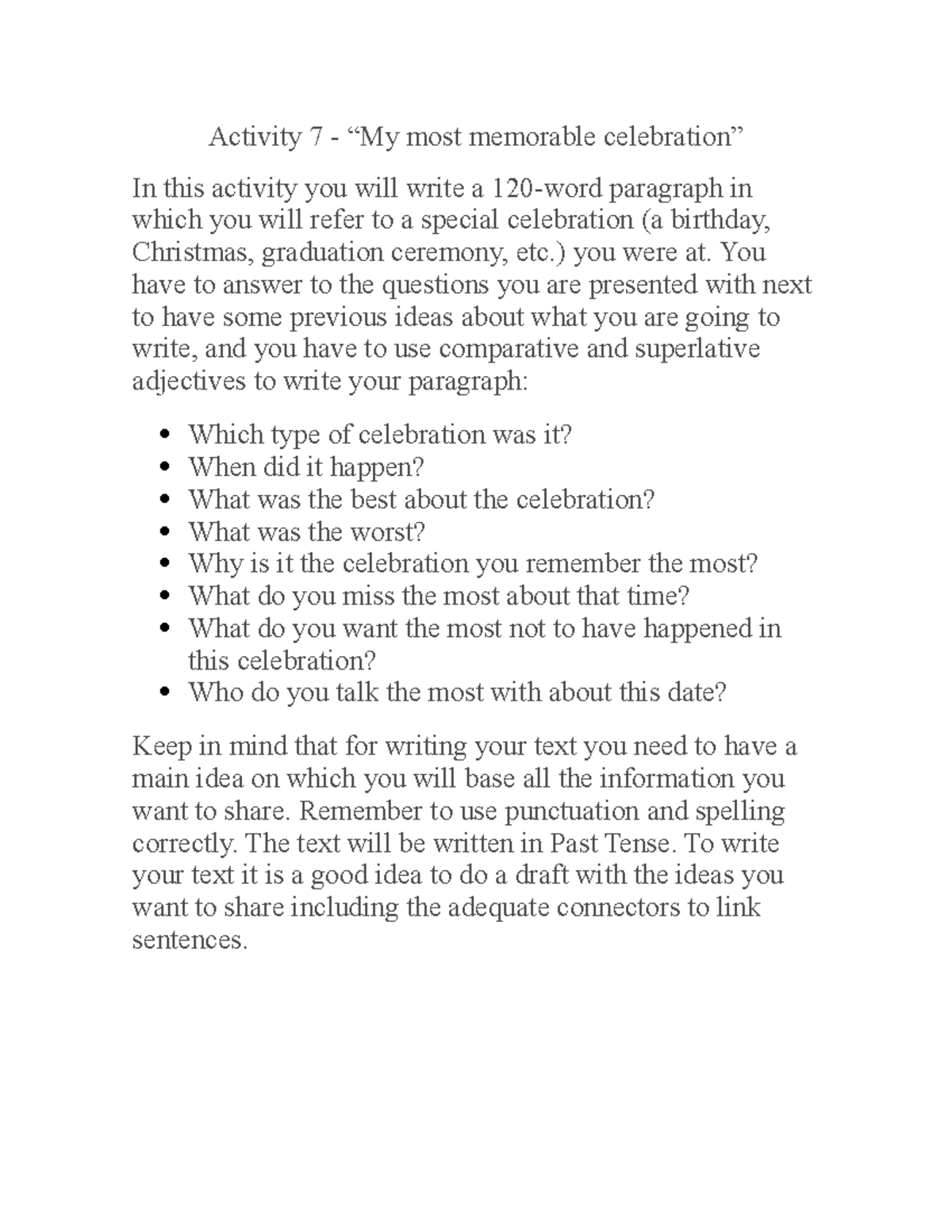 Activity 7 - “My most memorable celebration”-JOSE Camargo - Activity 7 ...