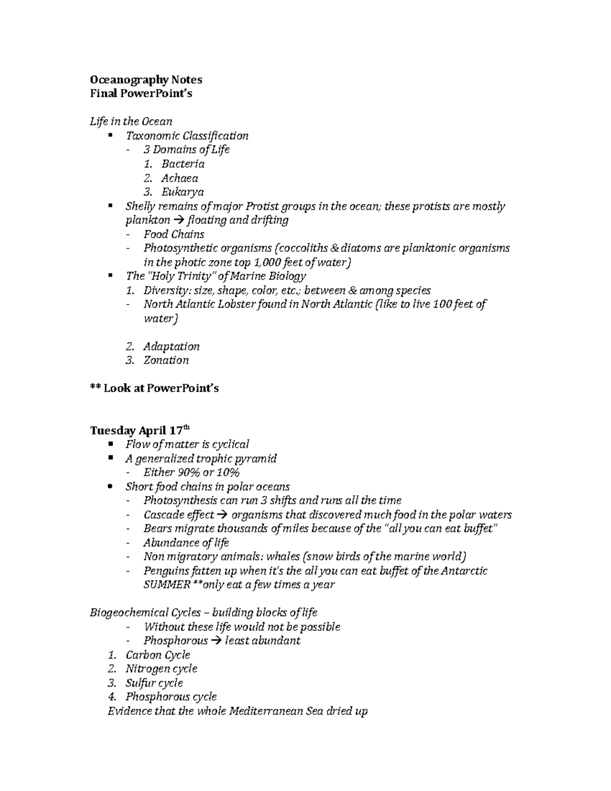 Oceanography Final Notes - Oceanography Notes Final Life in the Ocean ...